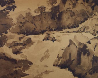Original Sepia Watercolour, 'landscape Study', Artist Unknown, Circa ...