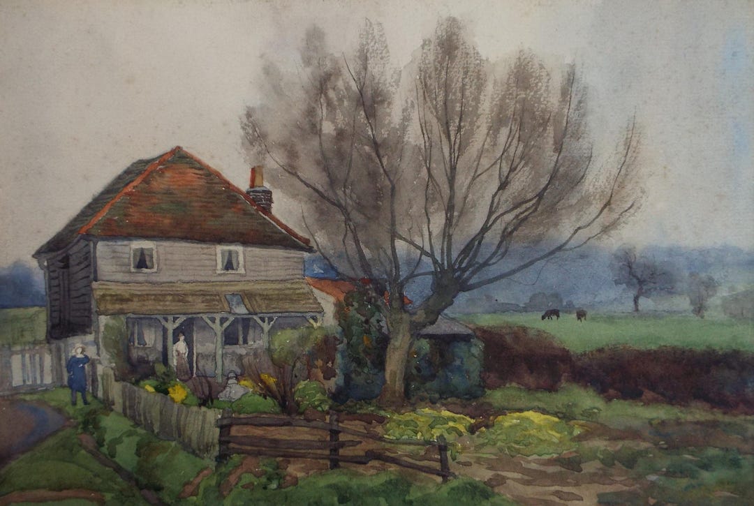 Original Watercolour 'farmhouse With Vegetable Patch', Circa 1930's ...