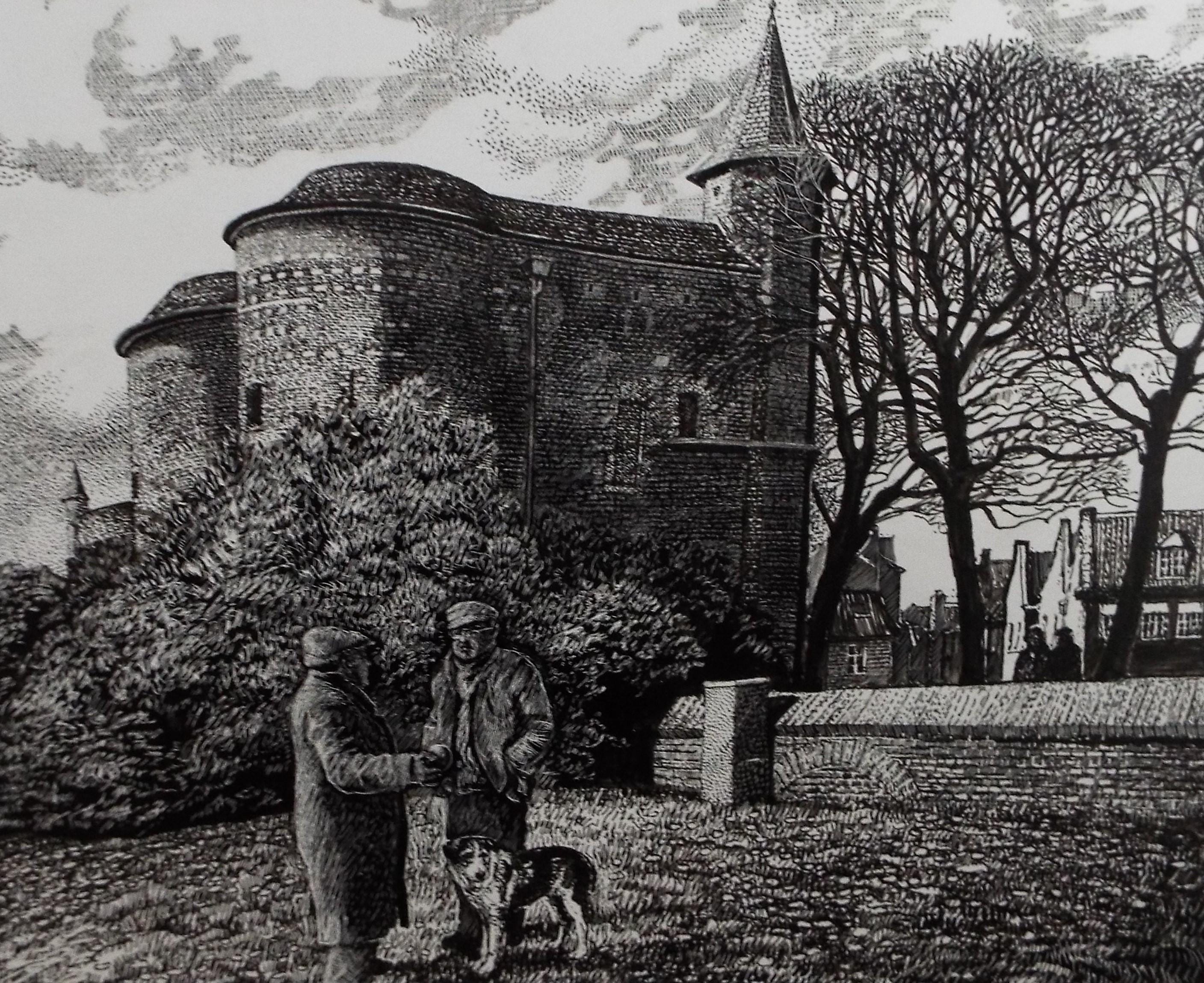 Original Scraperboard & Ink Drawing, 'figures With Dog, Lorraine ...