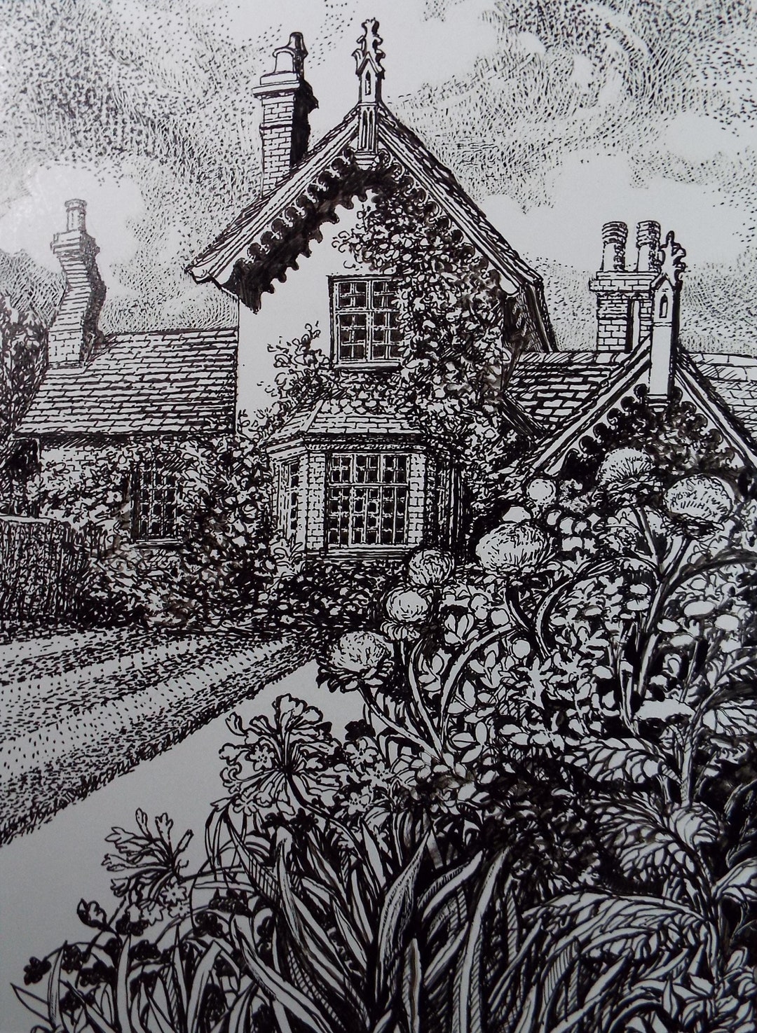 Original Scraperboard & Ink Drawing, 'country Cottage and Summer Garden ...