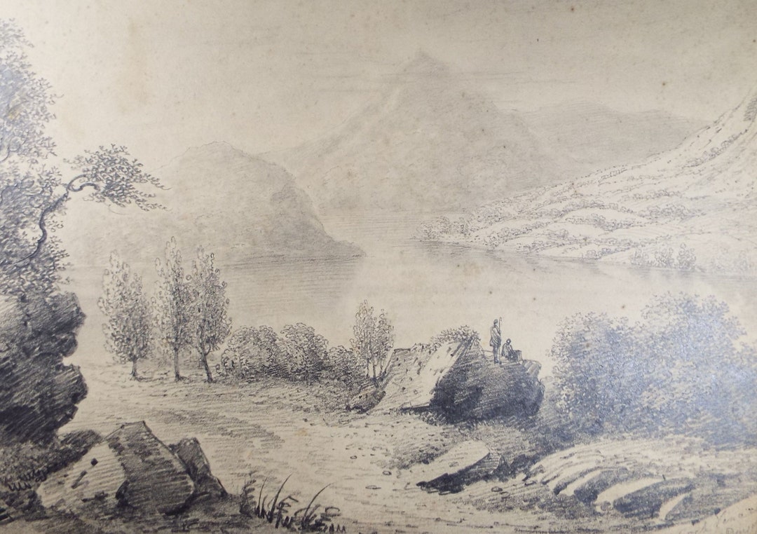 Original Pencil Drawing,'scottish Loch With Figures', John Cart Burgess ...