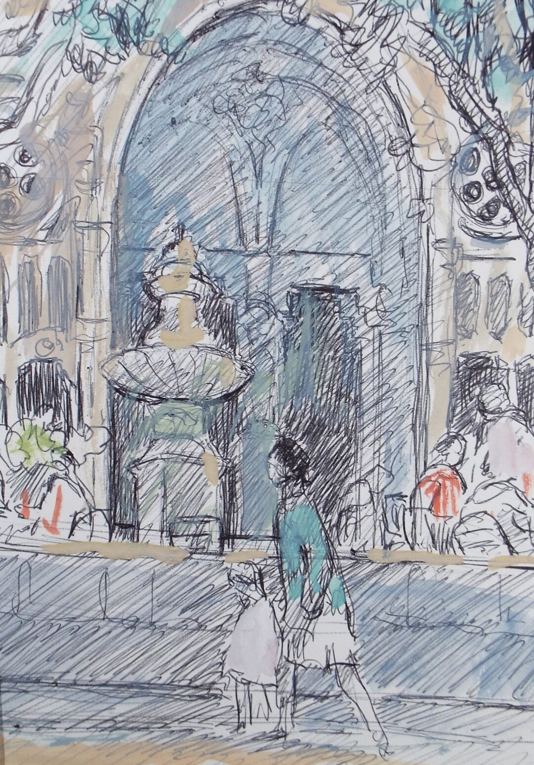 Original Watercolour & Ink Drawing, 'figures by a Fountain', Muriel ...