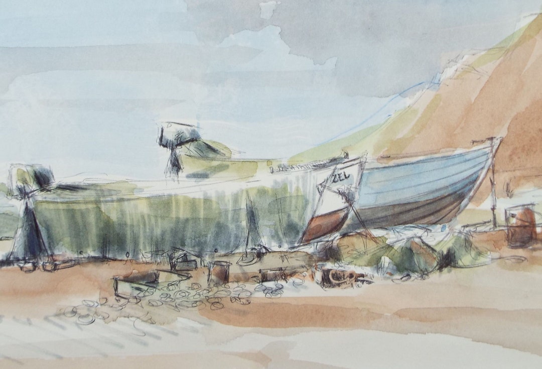 Original Watercolour & Ink, 'boats on the Shore', Circa 1990's, Artist ...