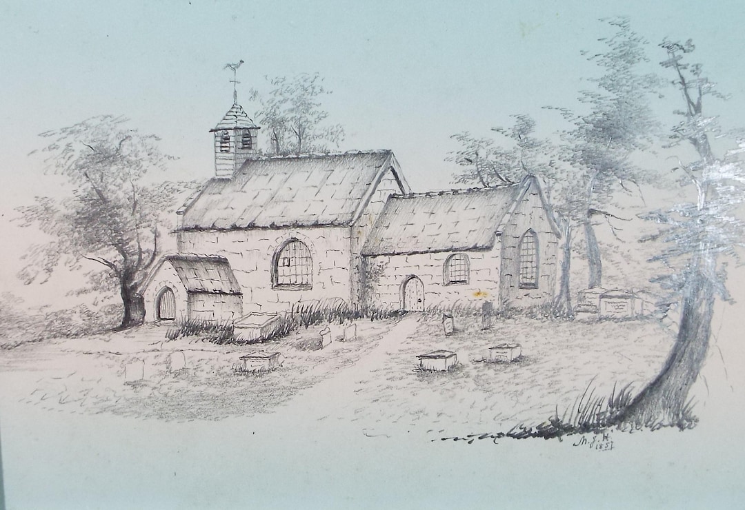 Original Pencil Drawing, 'country Church', Dated 1857, Artist Unknown ...