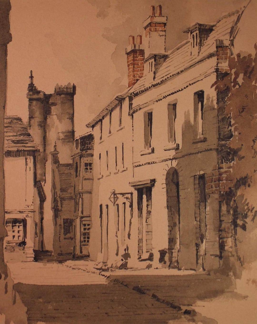 Original Sepia Watercolour, 'streetscape', Artist Unknown, Circa 1950's ...