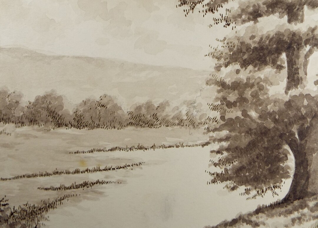 Original Ink & Wash, 'river With Wooded Riverbank', A Simmons, Circa ...