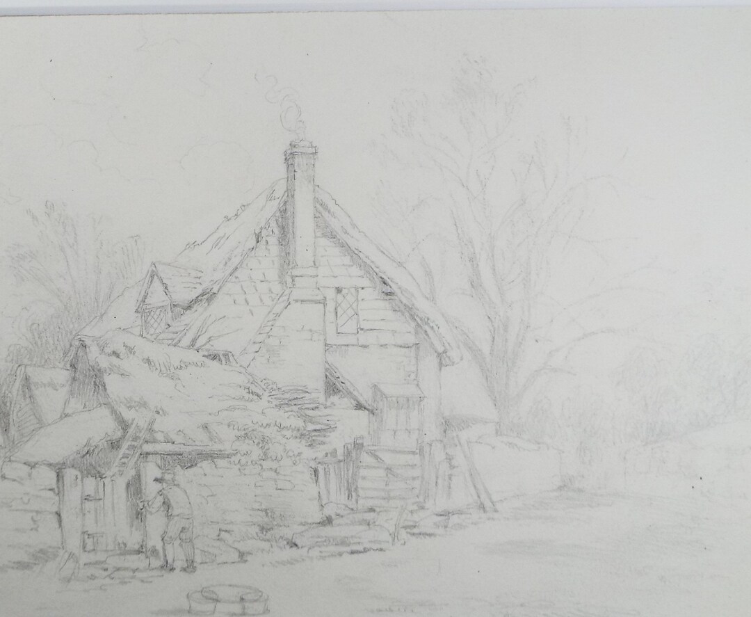 Original Pencil Drawing, 'country Cottage With Figure', John Wood (1801 ...