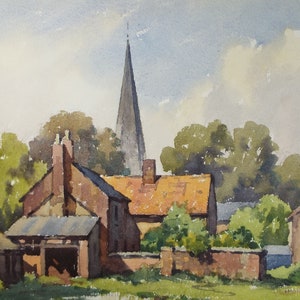 Original Watercolour on Paper, 'farm Buildings With Church Spire ...