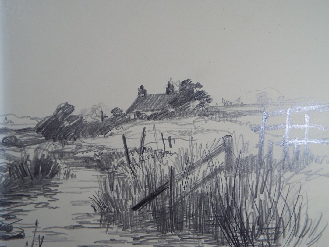 Original Pencil Drawing, 'farmstead by a River', Dated 1928, Nan C ...