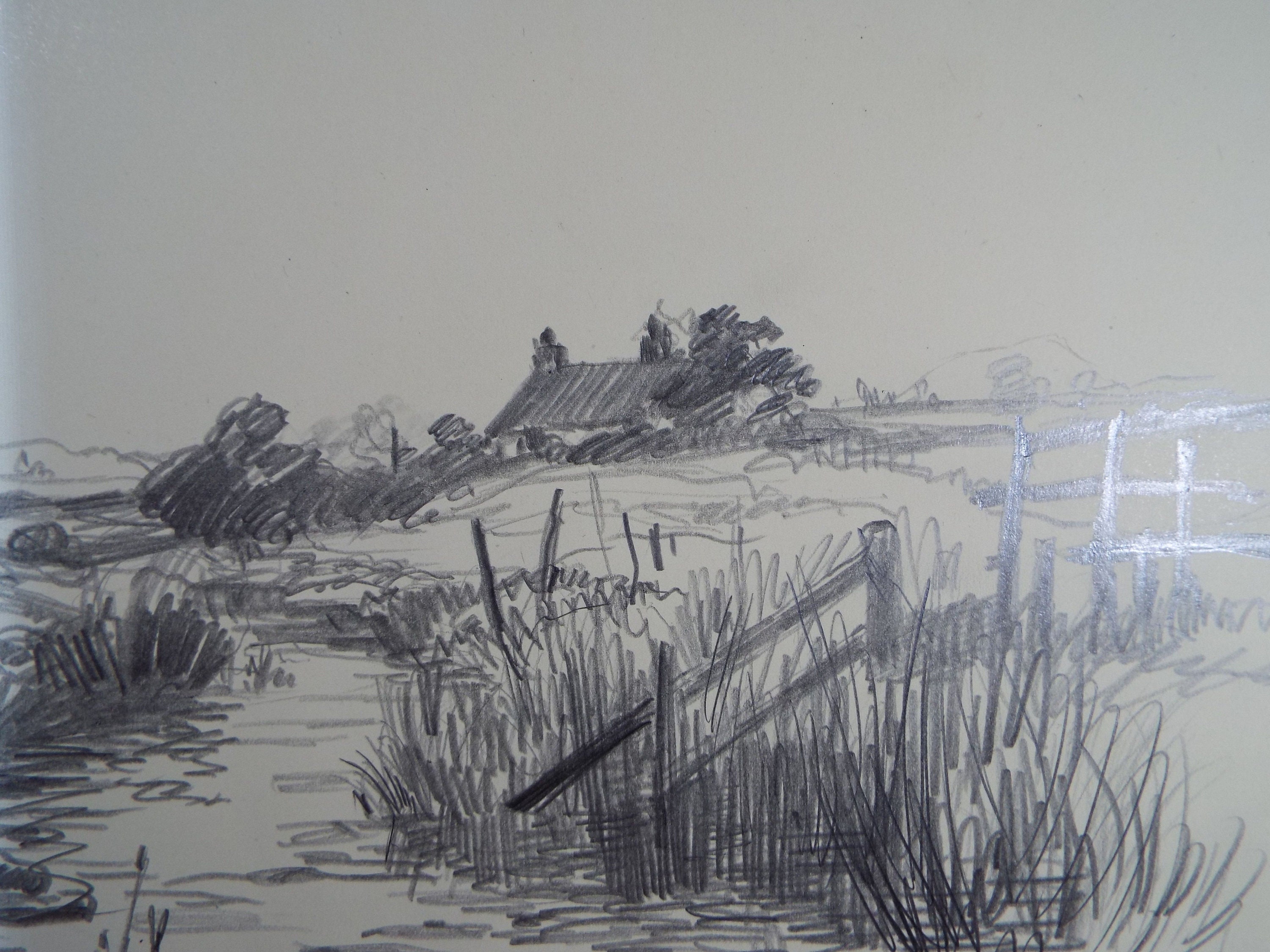 Original Pencil Drawing, 'farmstead by a River', Dated 1928, Nan C ...