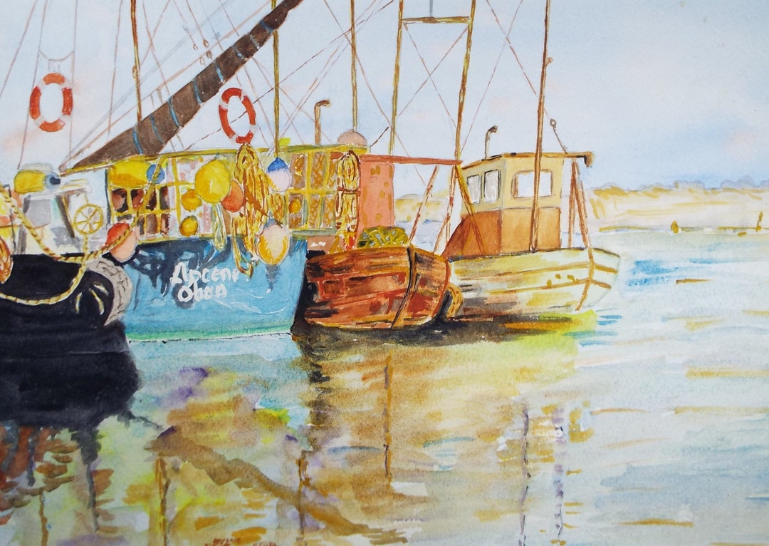 Original Watercolour Drawing, 'moored Fishing Boats', Circa 1990's ...