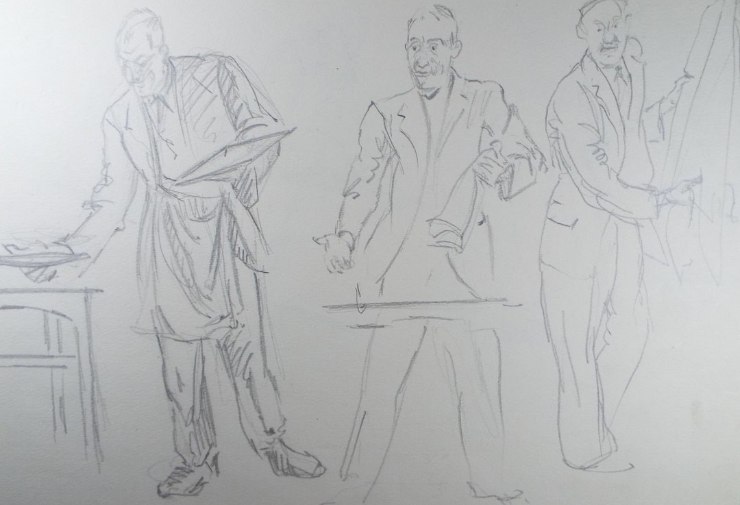 Original Pencil Drawing, 'figure Studies of Waiters', Ivy T. Attwell ...
