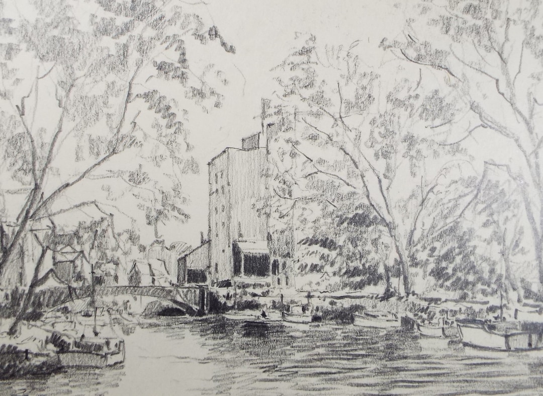 Original Pencil Drawing, 'river Through the Town', Circa 1990's ...