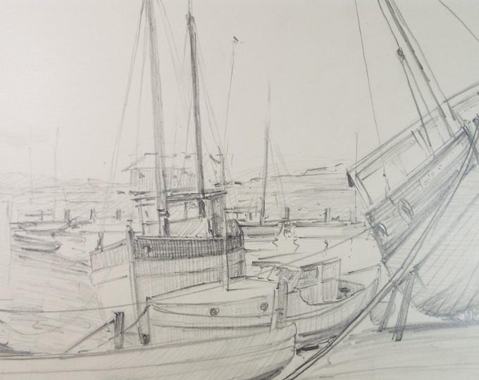 Original Pencil Drawing, 'moored Boats', Artist Unknown, Circa 1950's ...