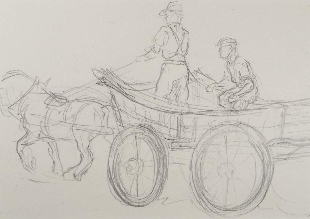 Original Pencil Sketch,'horse Drawn Cart With Figures', Helen Collins ...