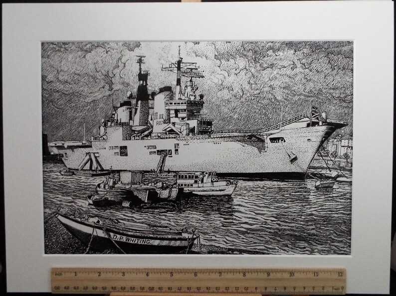 Original Scraperboard & Ink Drawing, 'HMS Ark Royal', Lorraine Abraham ...