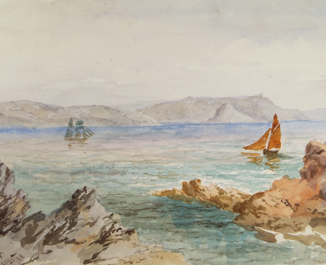Original Watercolour, 'sailing off the Coast', Dated 1888, Monogram TCF ...