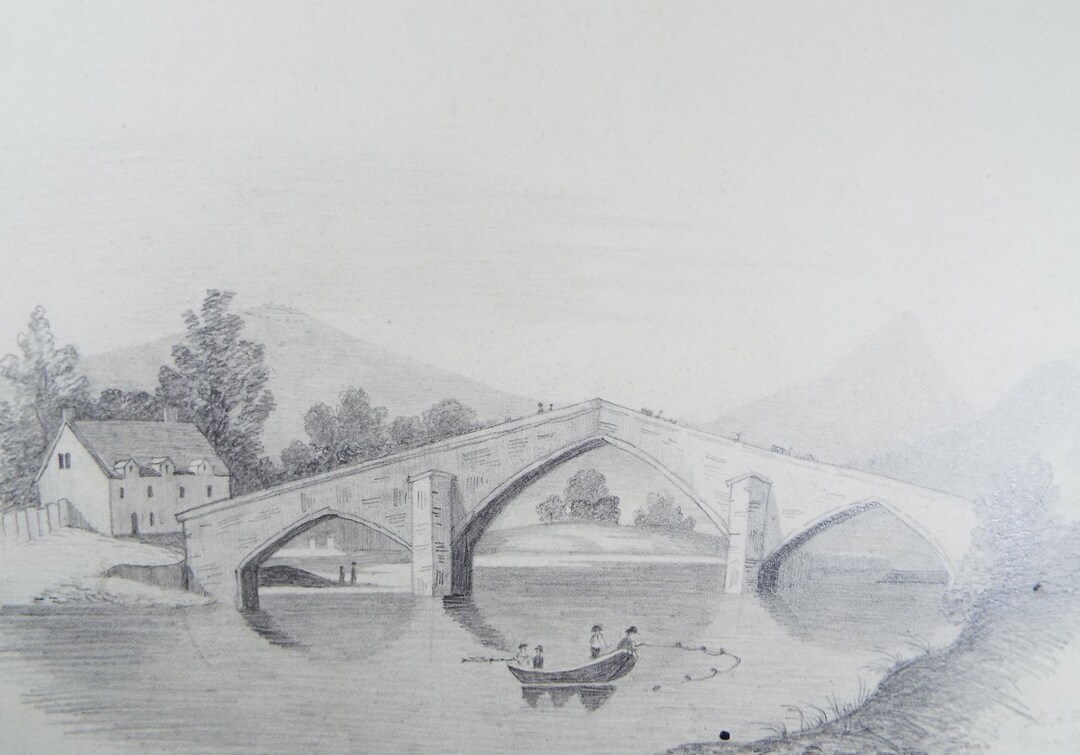 Original Pencil Drawing, 'fishing Below the Bridge', Late 19th Century ...