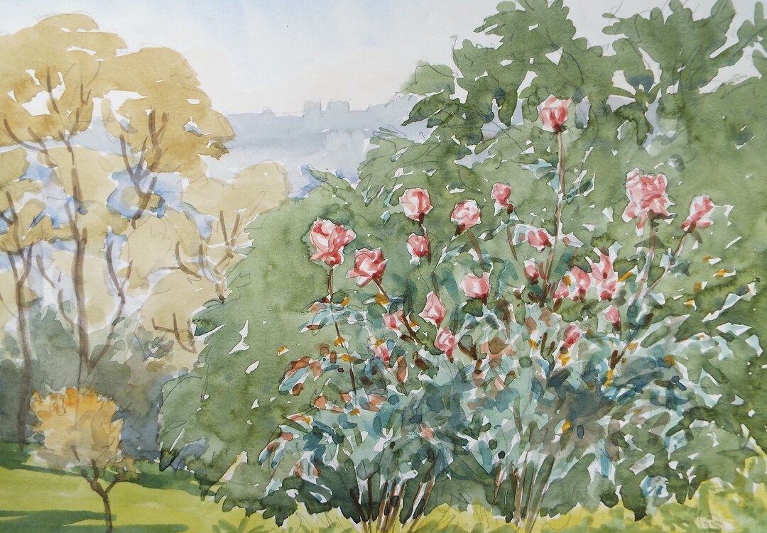 Original Watercolour, 'parkland With Roses', George Godfrey, Circa 1960 ...