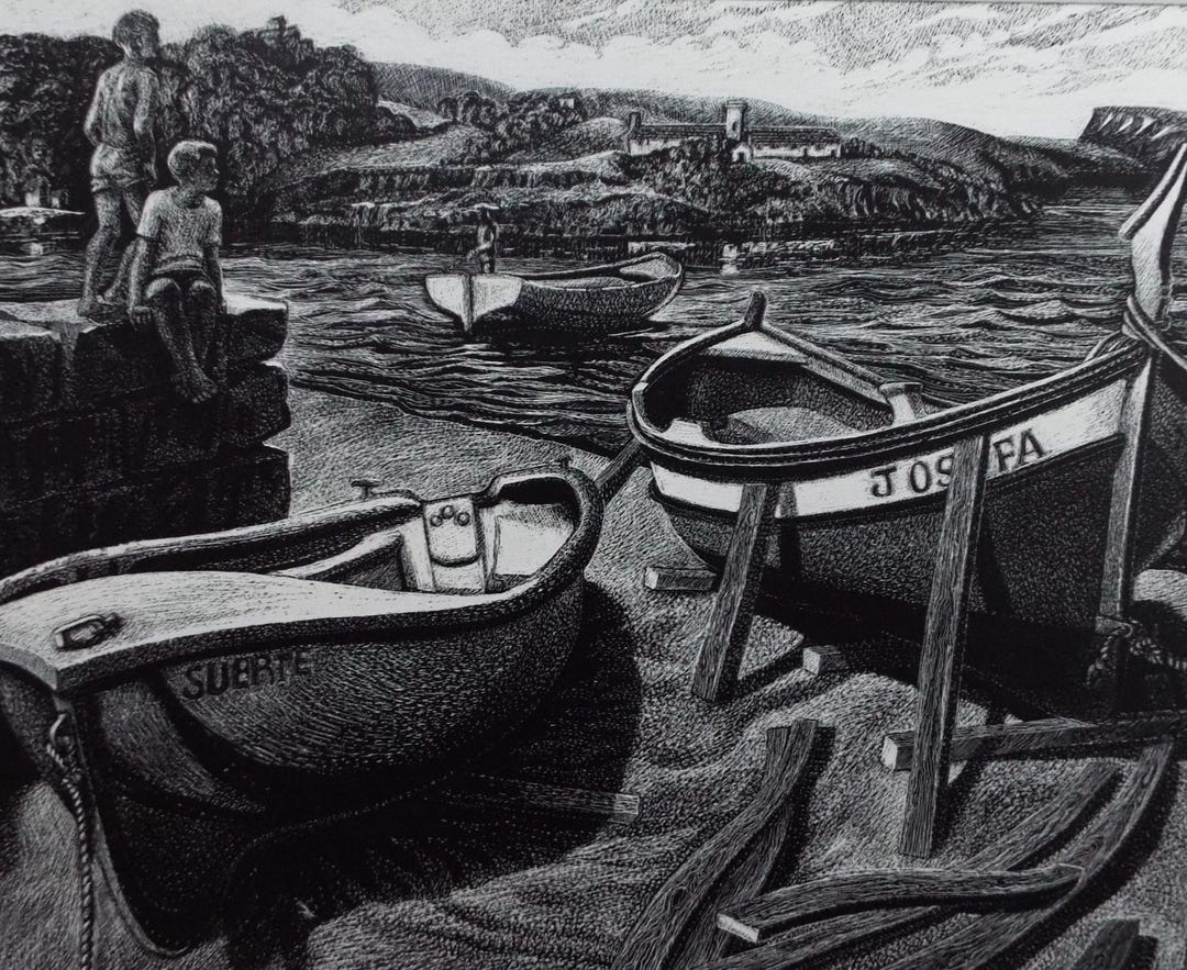 Original Scraperboard Drawing, 'boys on the Breakwater', Lorraine ...