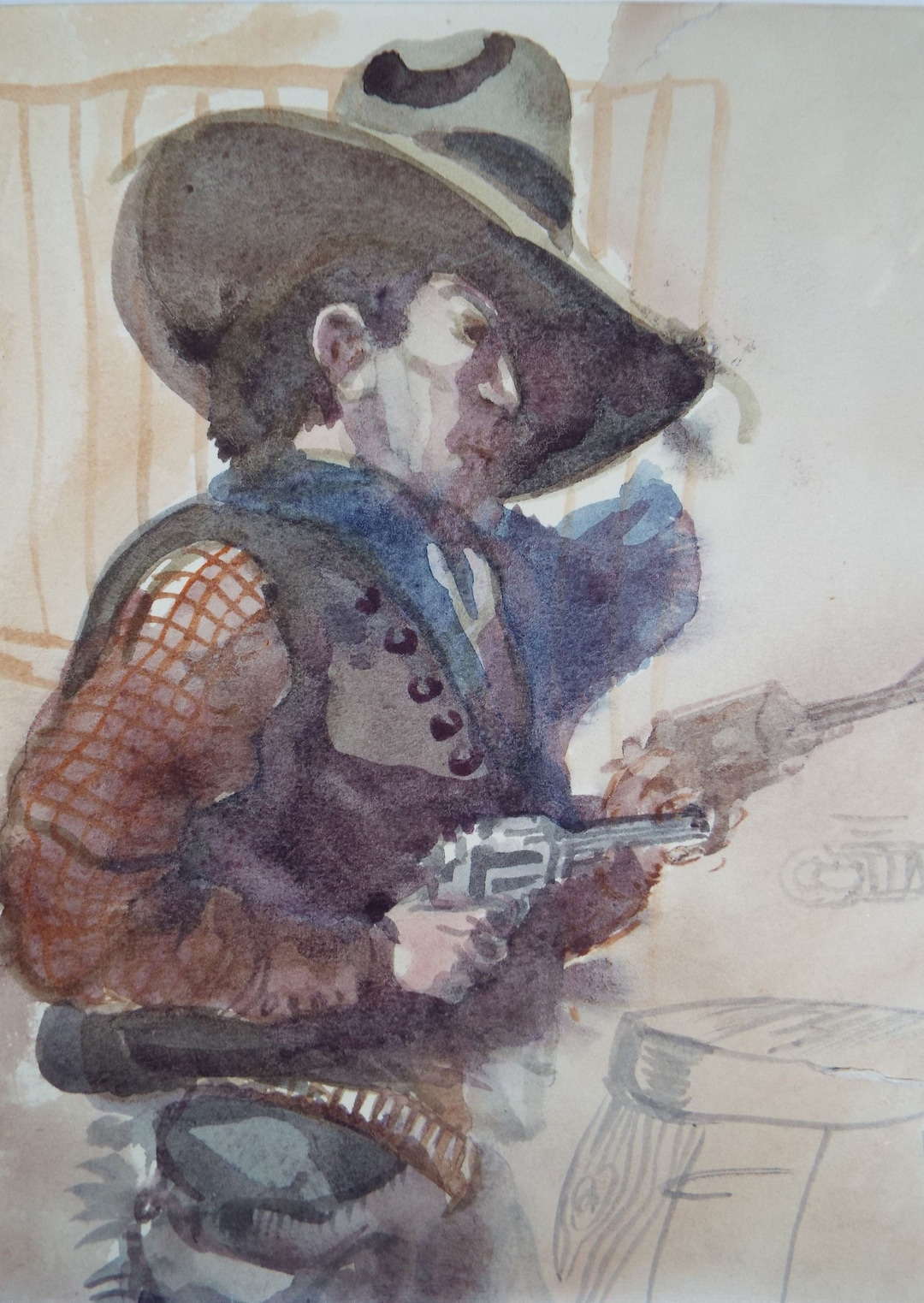 Original Watercolour, 'cowboy Guns Drawn', 1950's, William D Clyne 1922 ...