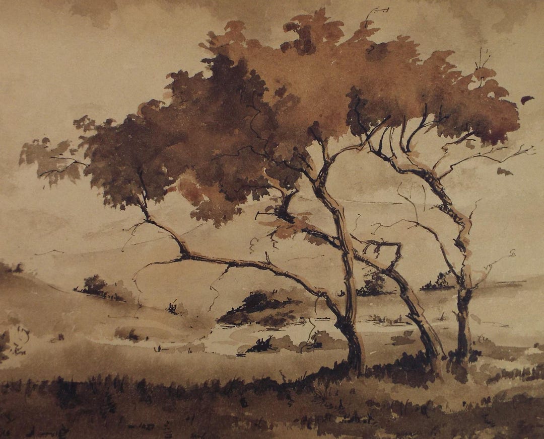 Original Sepia Watercolour, 'landscape Study', Artist Unknown, Circa ...