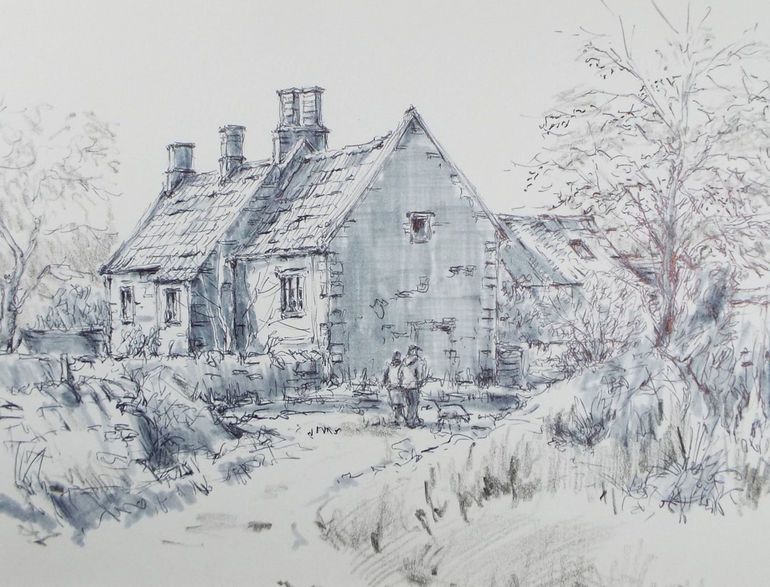 Original Watercolour & Ink, 'farm Cottage With Figures',circa 1990's ...