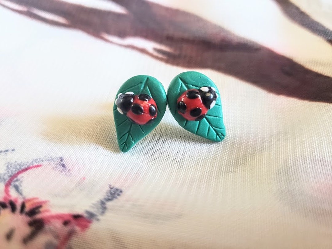 Ladybug on a Leaf Stud Earrings - Etsy