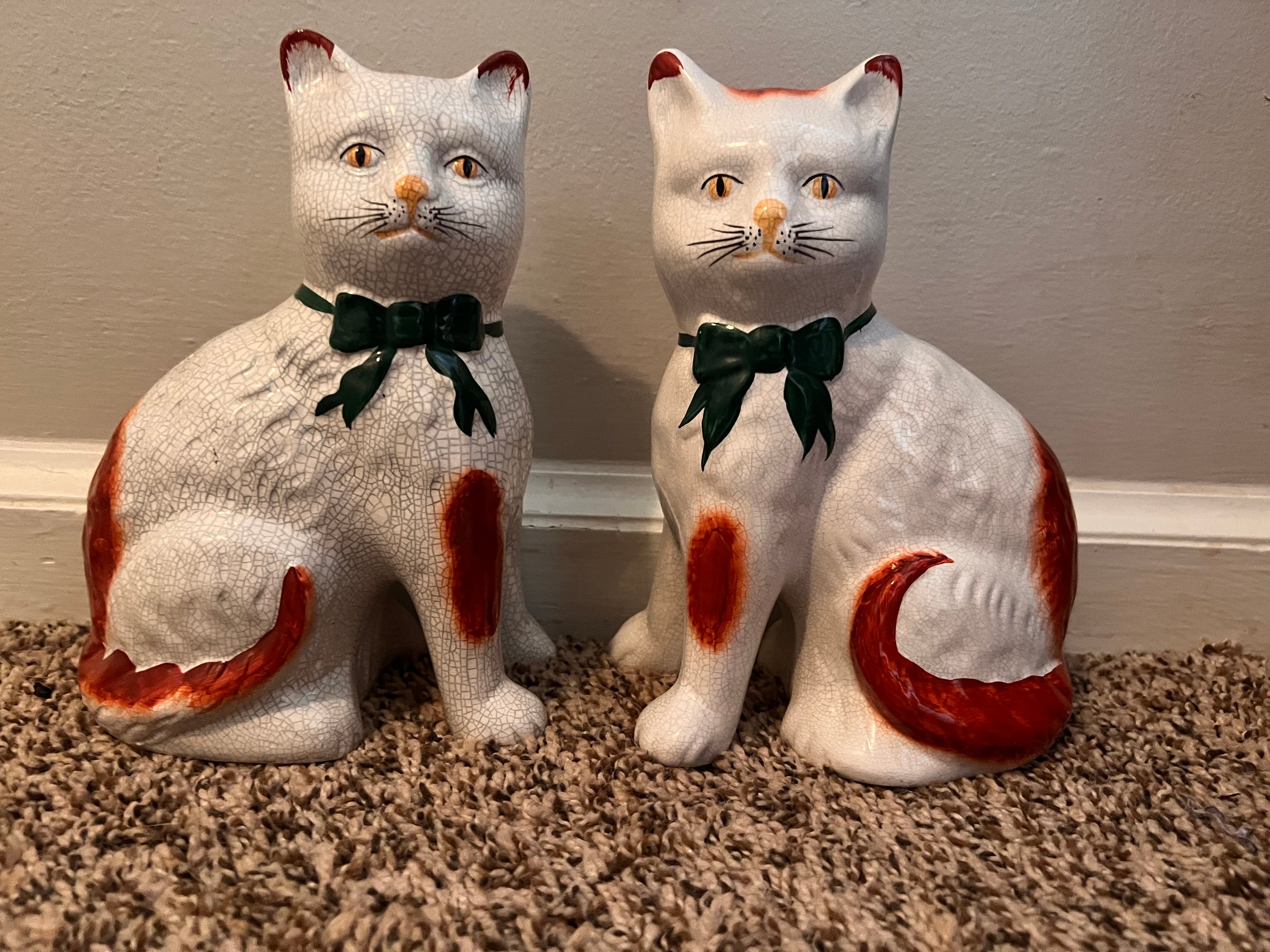 Vintage Pair of Staffordshire Style Pottery Mantle Cats With Crackle ...