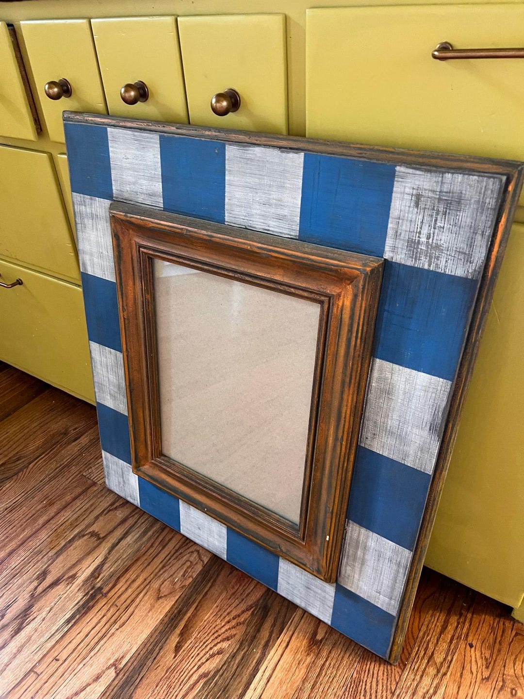 Large Wooden Checkered Picture Frame Mackenzie Child Style Blue and ...