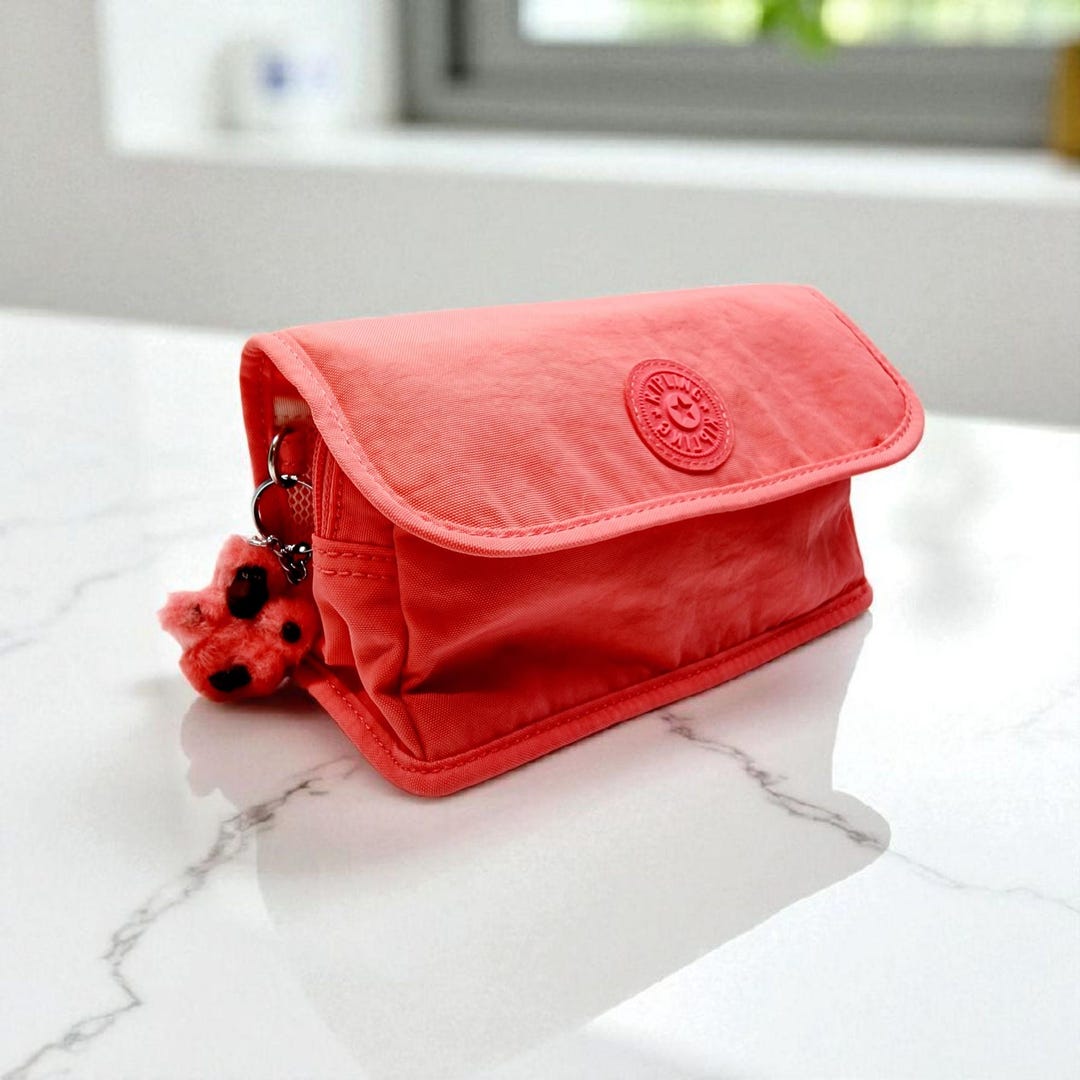 Kipling Coral Makeup Bag With Monkey Charm – Foldover Zip Case - Etsy