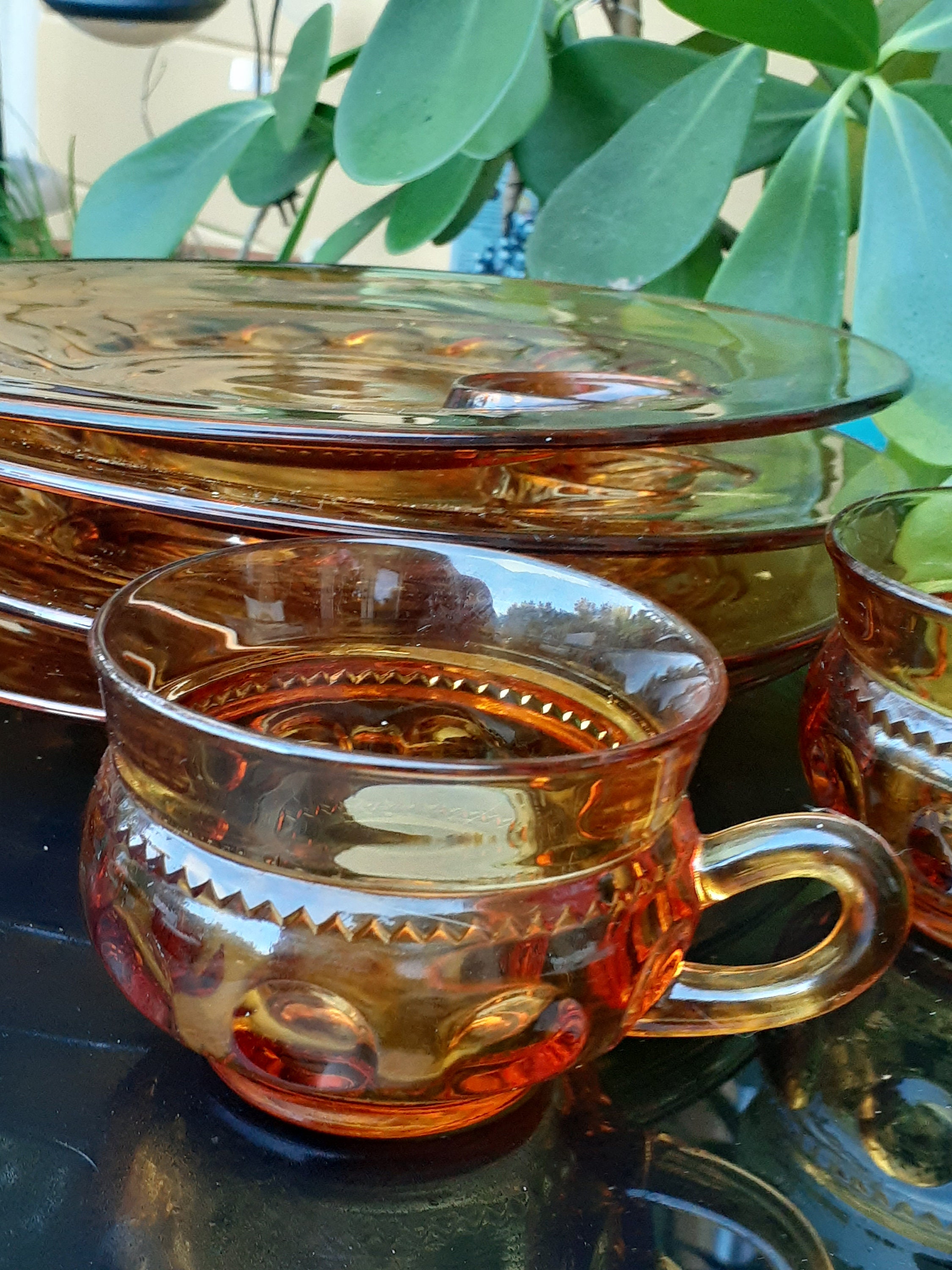 Set of 8 Vintage Amber Indiana Glass Thumbprint Carnival Co. Kings ...