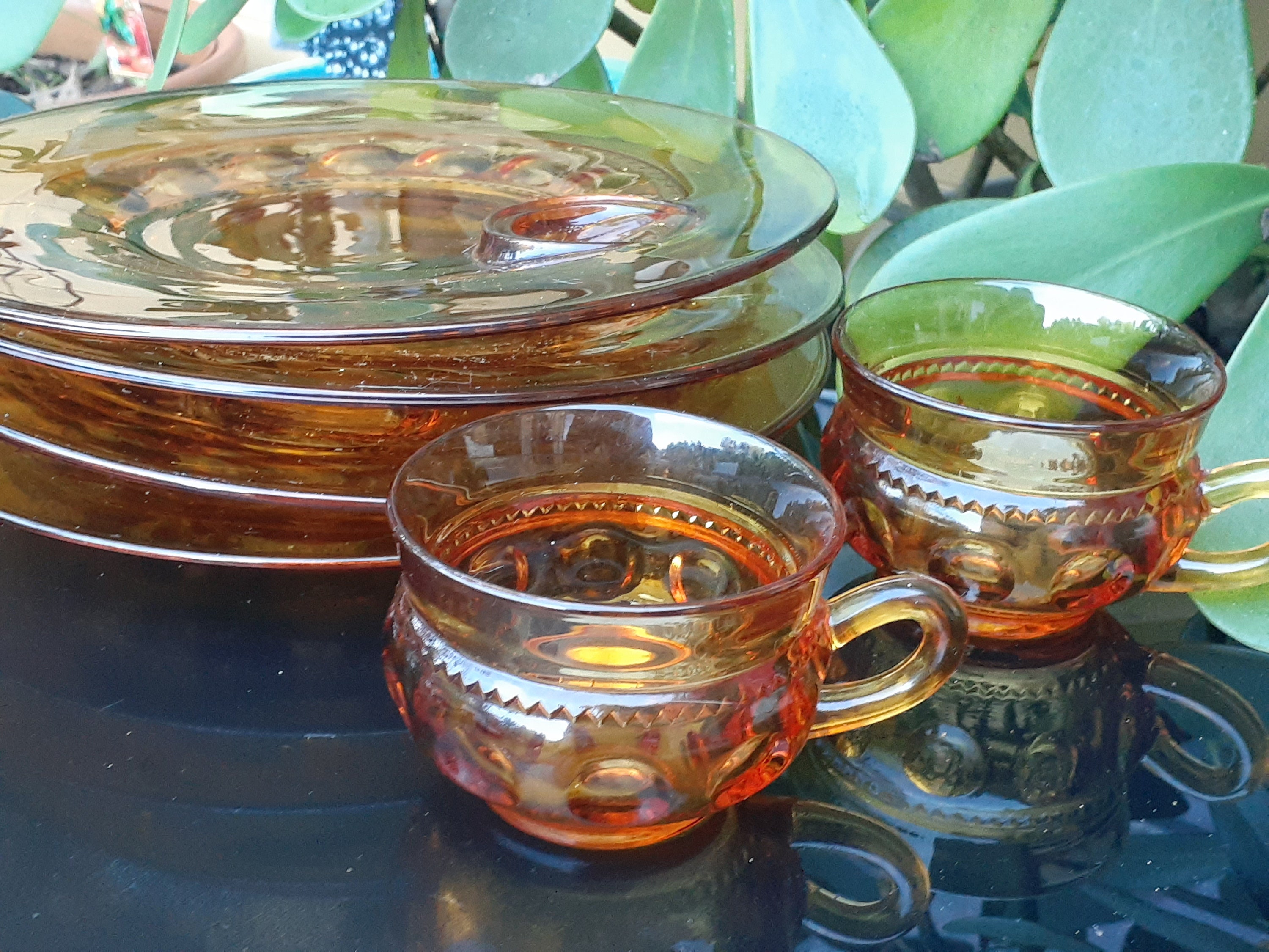 Set of 8 Vintage Amber Indiana Glass Thumbprint Carnival Co. Kings ...