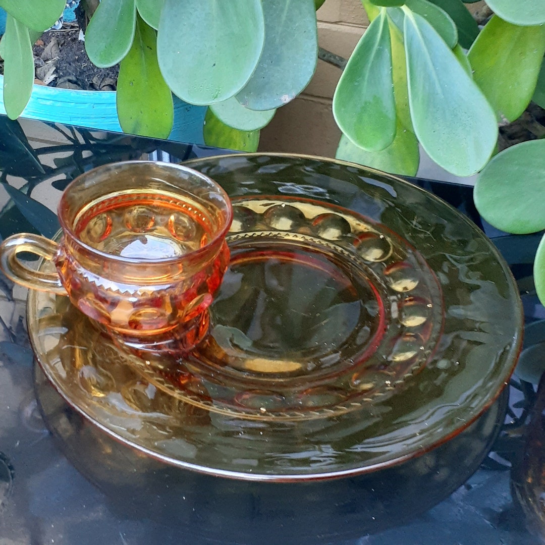 Set of 8 Vintage Amber Indiana Glass Thumbprint Carnival Co. Kings ...