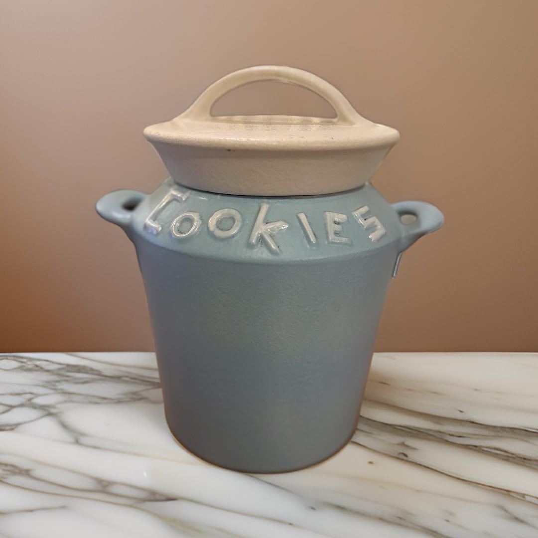 Vintage Hull Pottery Cookie Jar | 8” Tall Blue and Cream Stoneware ...