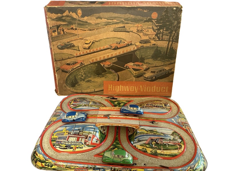 Vintage Technofix Tin Litho Highway – German Toy Road Track With Cars ...