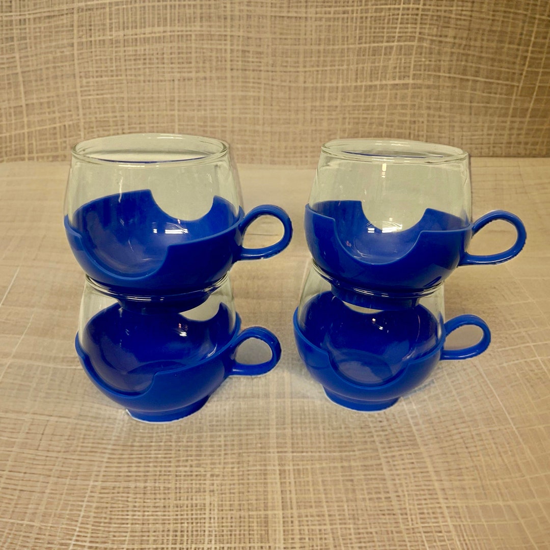 Vintage 1970s Pyrex Roly Poly Glass Cups With Blue Plastic Removable ...