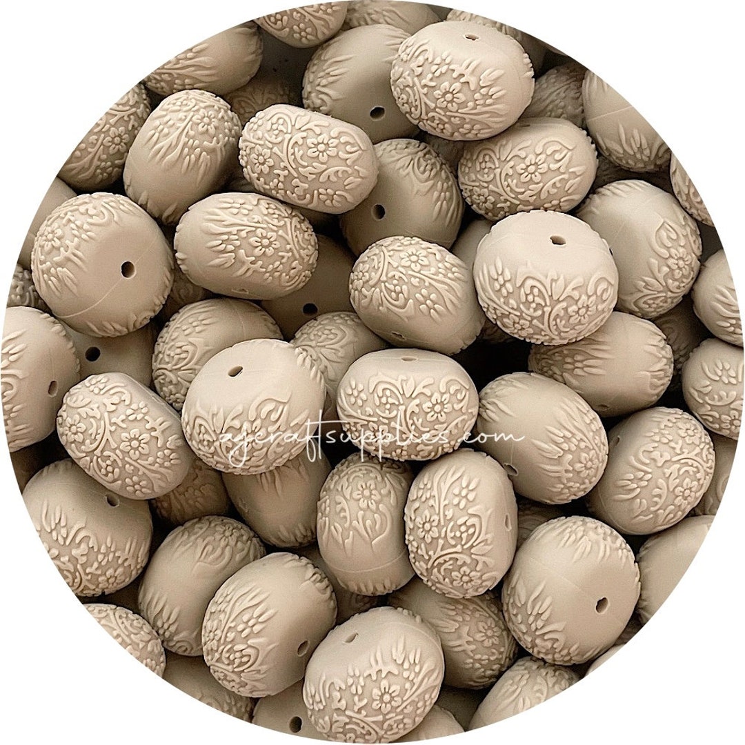 5x 22mm Floral Embossed Abacus Silicone Beads - TAUPE - BPA Free ...