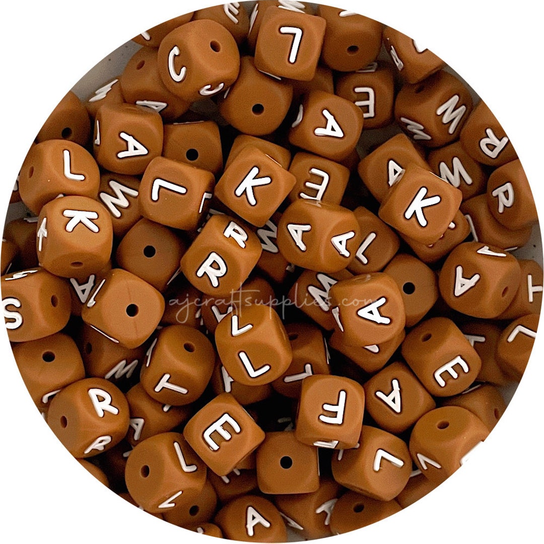 50x 12mm Silicone Letter Beads - TAN - Square Silicon Letters - Light ...