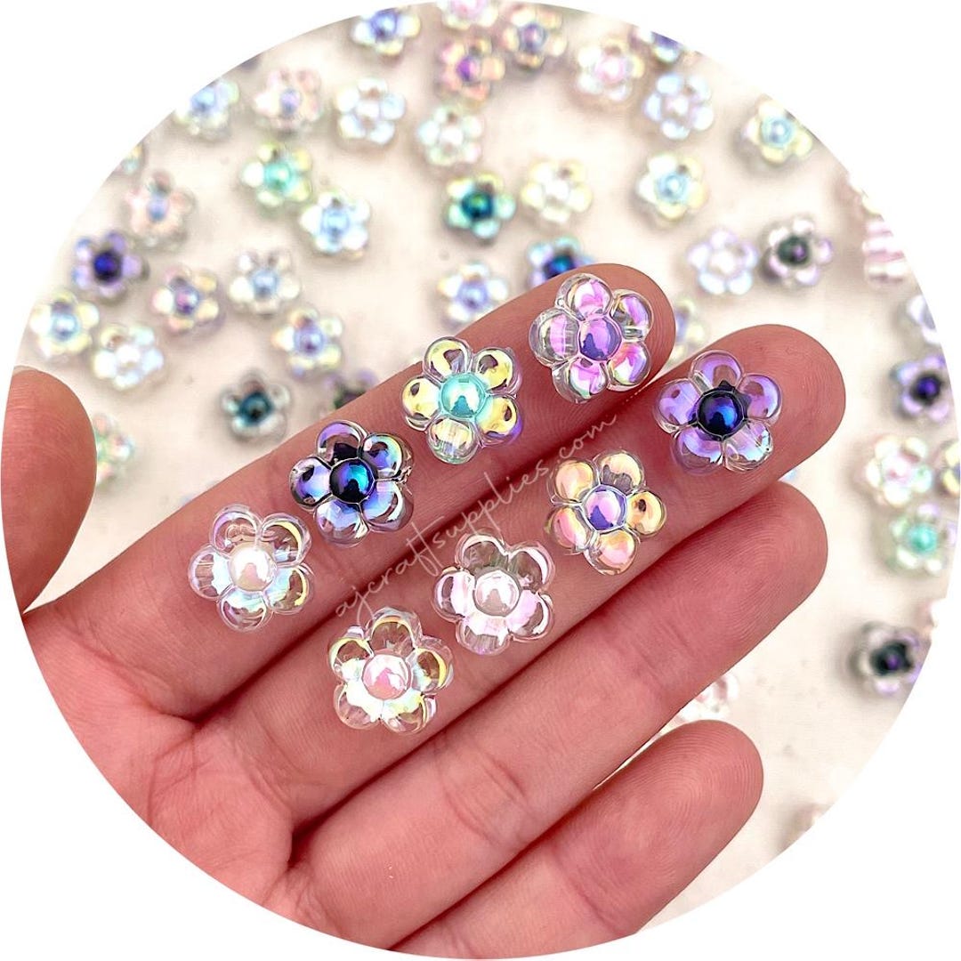10x Mixed 13mm Opal Acrylic Flower Beads Pink Blue Purple Floral DIY ...