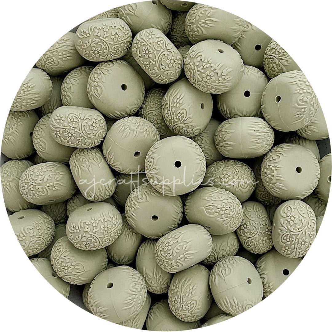 5x 22mm Floral Embossed Abacus Silicone Beads - SAGE GREEN , Premium ...