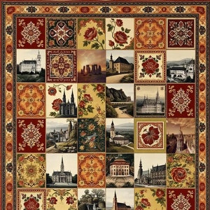 Vintage European Cityscape Patchwork Rug Medieval Charm-antique ...