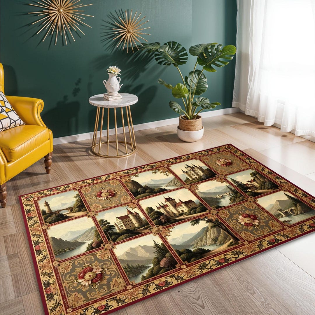 History-inspired Castle and Nature Rug- Castle and Landscape Design ...