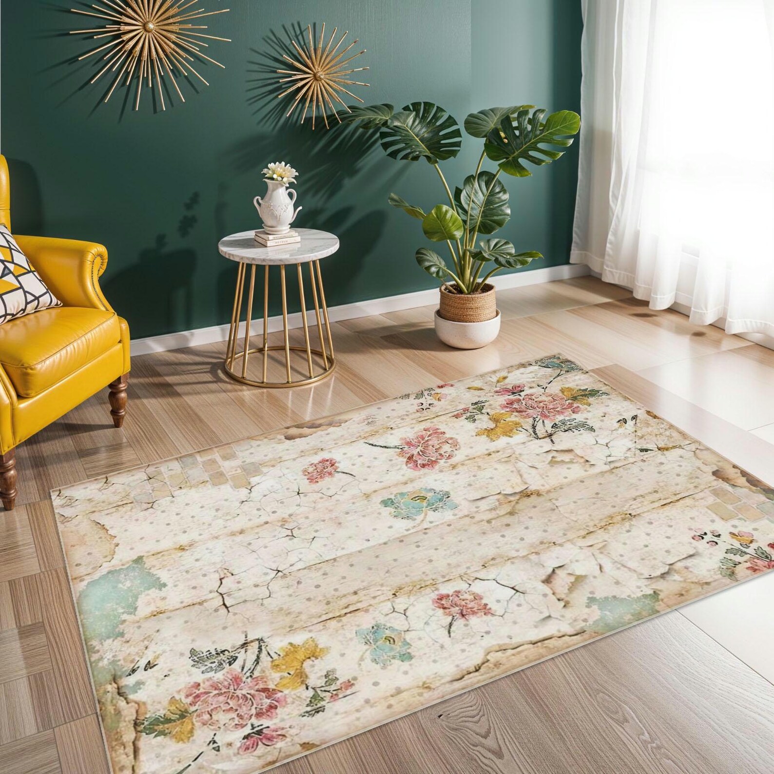 Distressed Pastel Wall Art Area Rug, Vintage Floral Shabby Chic Kilim ...