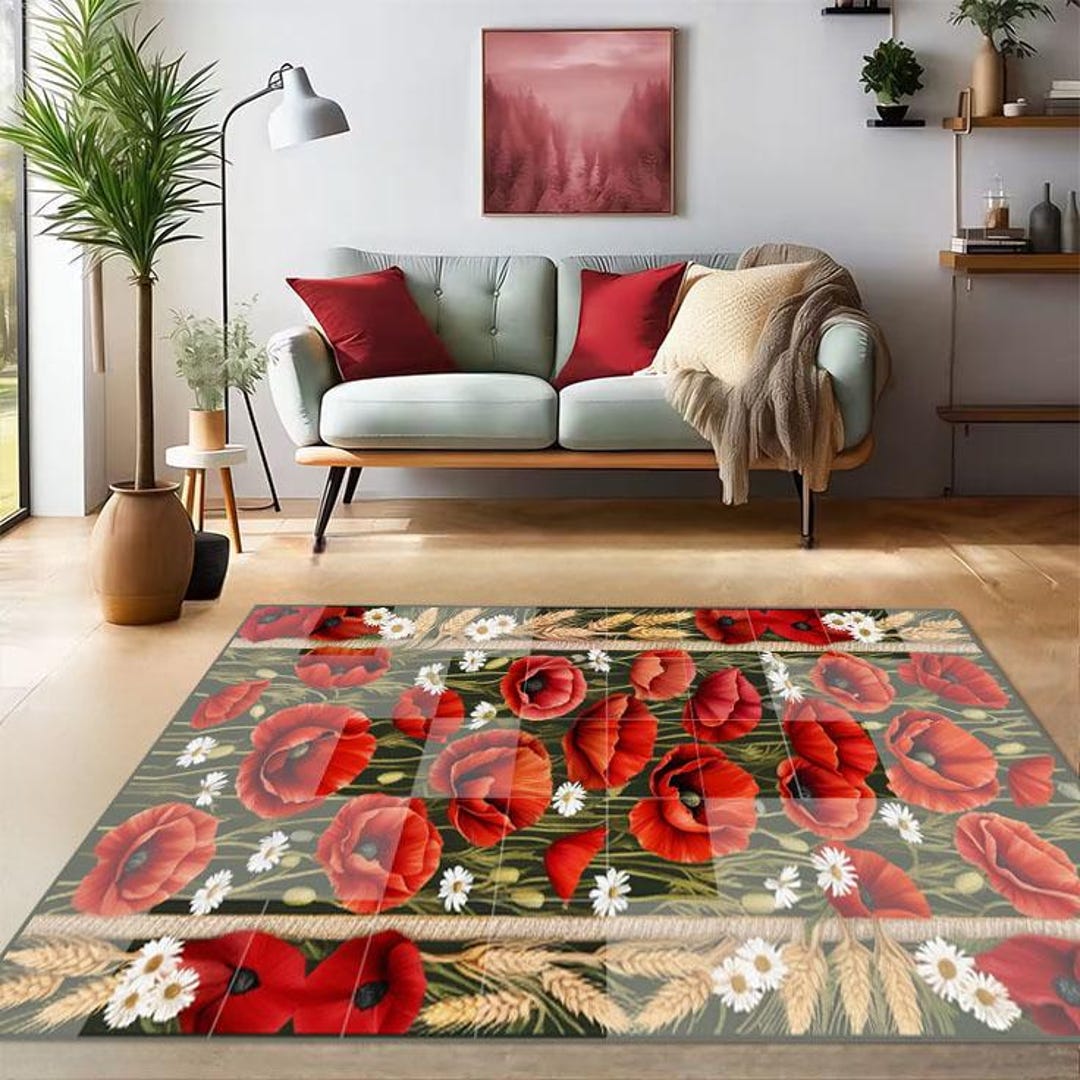 Red Poppies With Rustic Wheat Pattern Rug,vibrant Poppy&daisy Design ...