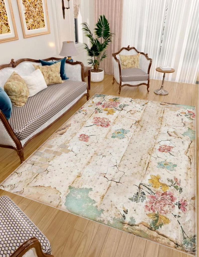 Distressed Pastel Wall Art Area Rug, Vintage Floral Shabby Chic Kilim ...