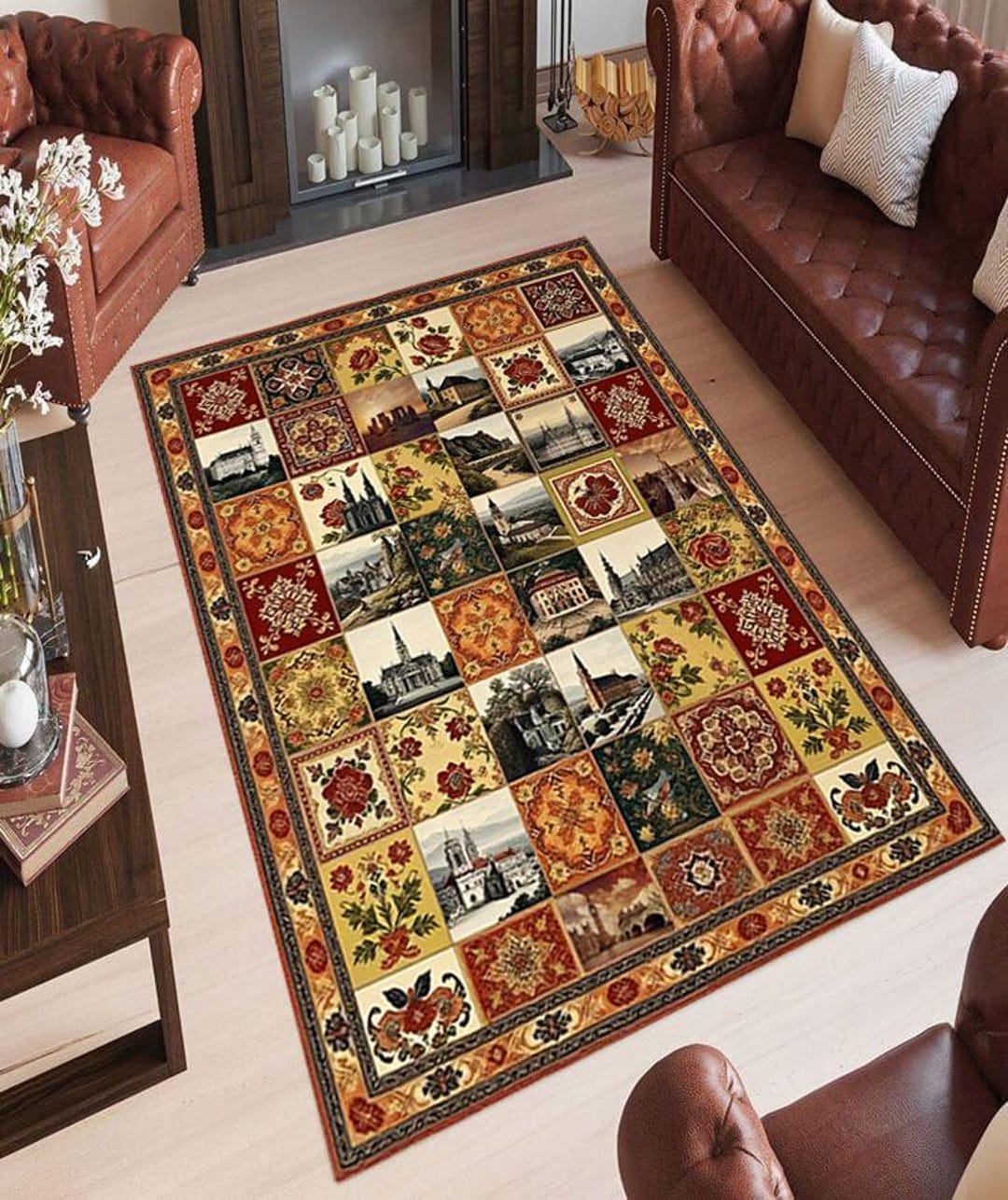 Vintage European Cityscape Patchwork Rug Medieval Charm-antique ...