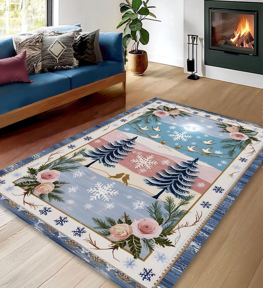 Blue and Pink Rug With Nature Patterns, Enchanted Winter Scene Rug ...