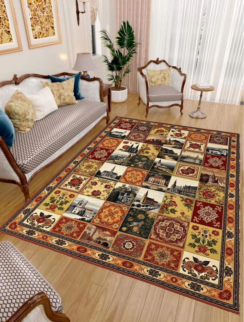 Vintage European Cityscape Patchwork Rug Medieval Charm-antique ...