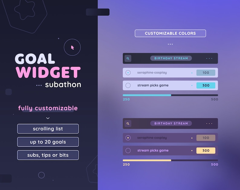 Goal Widget — Subathon Scrolling Goal List | Minimal Customizable 20 ...